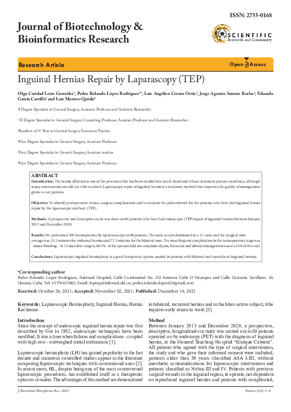 (PDF) Inguinal Hernias Repair by Laparascopy (TEP)