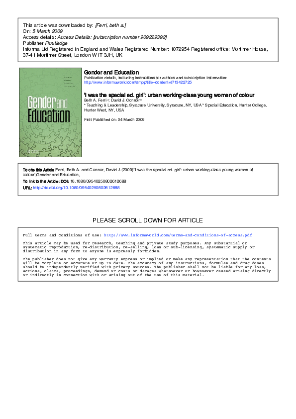 (PDF) "I Was the Special Ed. Girl": Urban Working-Class Young Women of ...