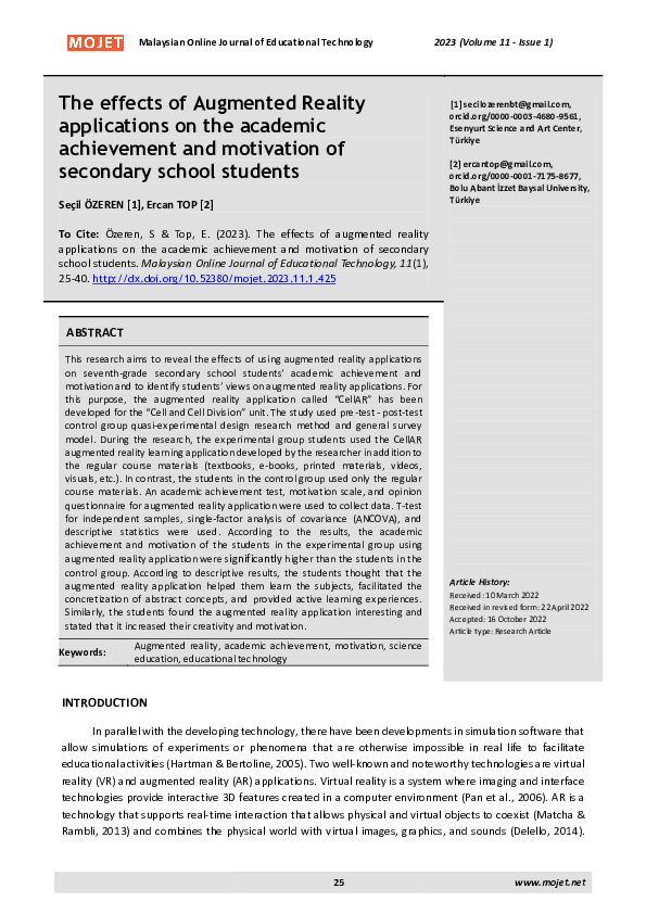 (PDF) The effects of Augmented Reality applications on the academic achievement and motivation ...