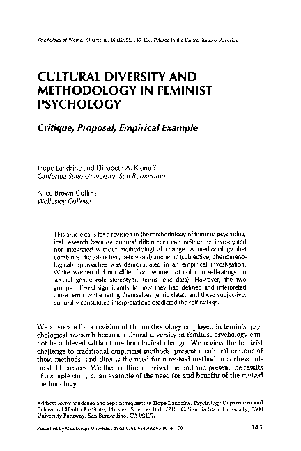(PDF) Cultural diversity and methodology in feminist psychology ...