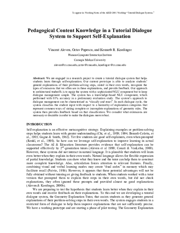 (PDF) Pedagogical content knowledge in a tutorial dialogue system to support self-explanation