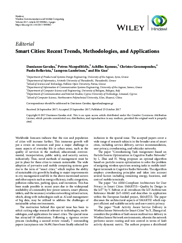 (PDF) Smart Cities: Recent Trends, Methodologies, and Applications