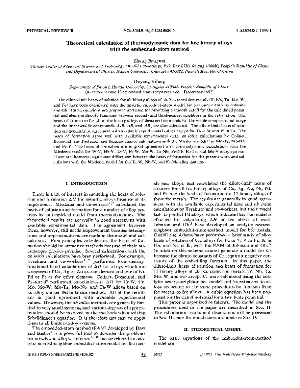 Pdf Theoretical Calculation Of Thermodynamic Data For Bcc Binary Alloys With The Embedded Atom