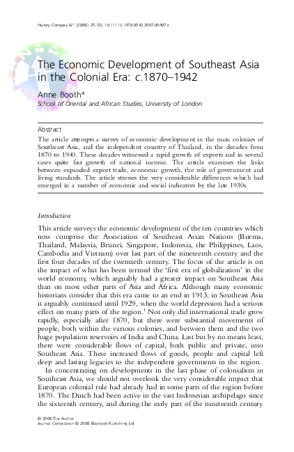 (PDF) The Economic Development of Southeast Asia in the Colonial Era: c ...