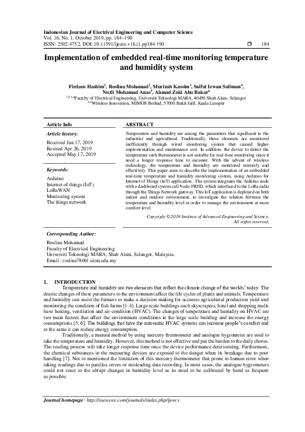 Pdf Implementation Of Embedded Real Time Monitoring Temperature And Humidity System