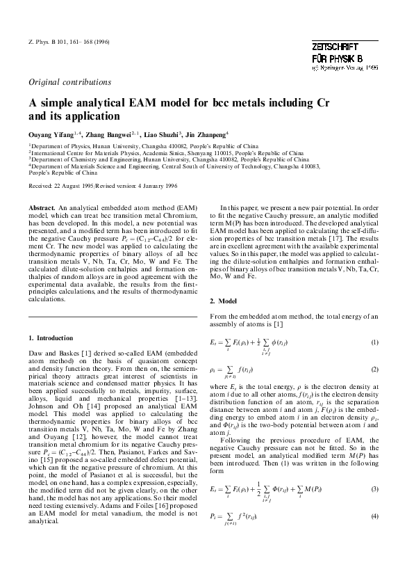 (PDF) A simple analytical EAM model for bcc metals including Cr and its application