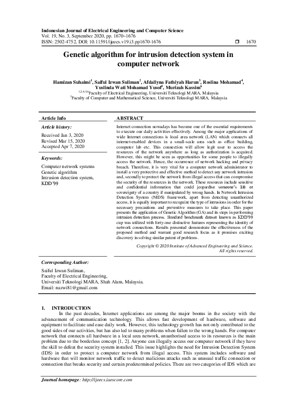(PDF) Genetic algorithm for intrusion detection system in computer network
