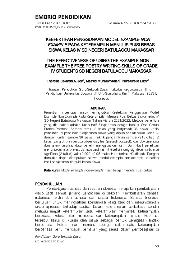 (PDF) Keefektifan Penggunaan Model Example Non Example Pada Keterampiln Menulis Puisi Bebas ...