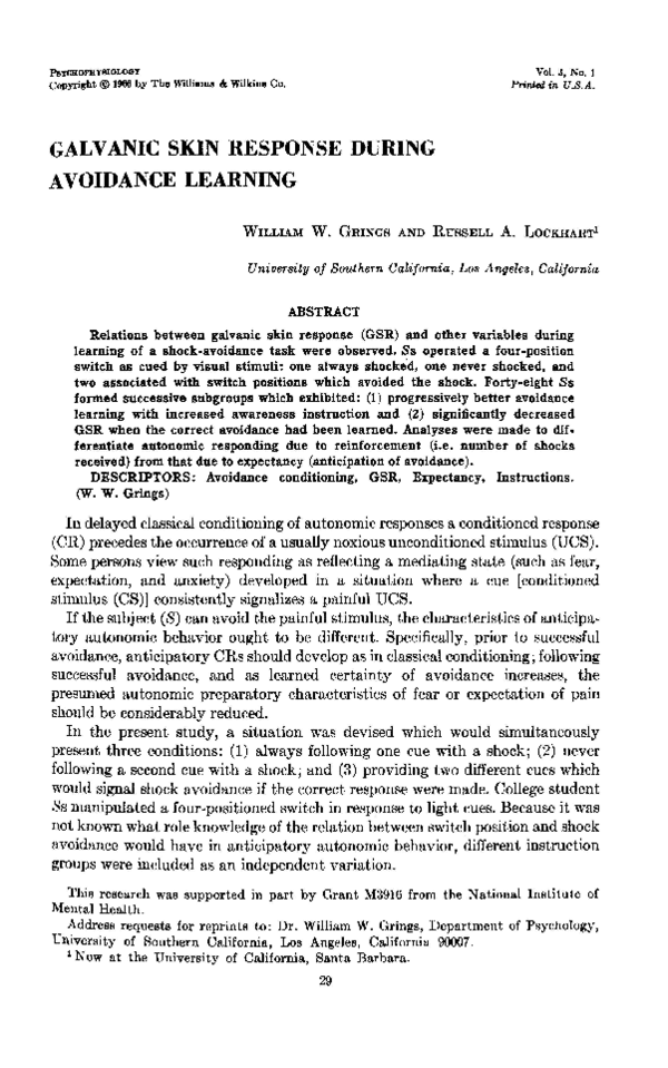 (PDF) Galvanic Skin Response During Avoidance Learning