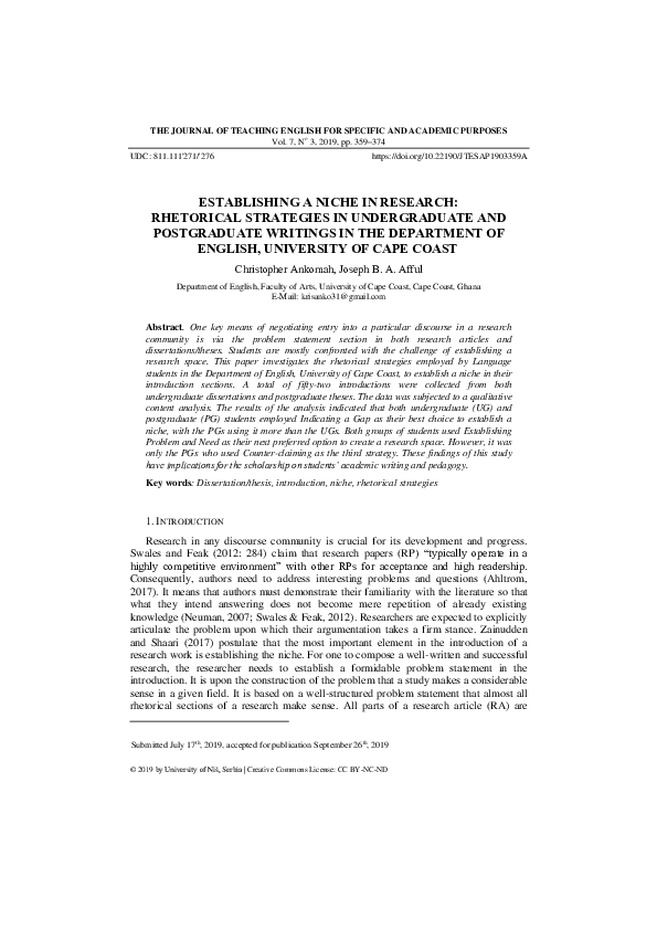 (PDF) Establishing a Niche in Research: Rhetorical Strategies in ...
