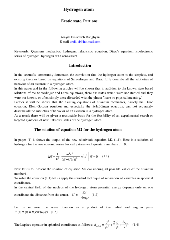 (PDF) Hydrogen Atom Exotic State. Part One