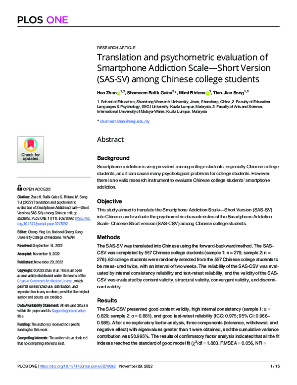 (PDF) Translation and psychometric evaluation of Smartphone Addiction Scale—Short Version (SAS ...