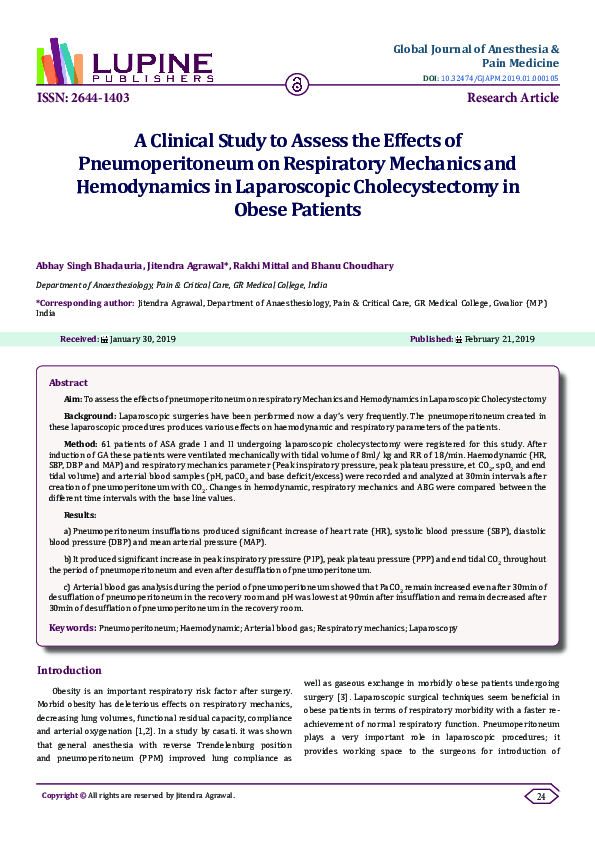 (PDF) A Clinical Study to Assess the Effects of Pneumoperitoneum on ...