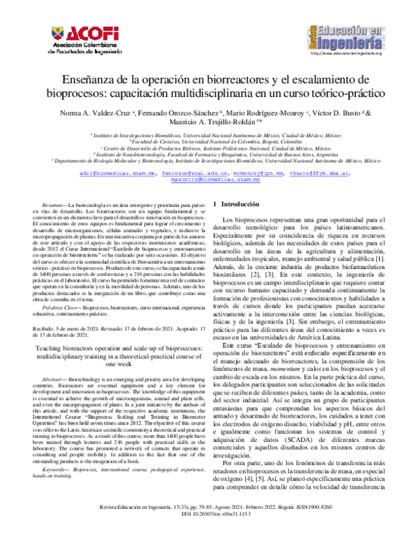 (PDF) Enseñanza de la operación en biorreactores y el escalamiento de bioprocesos: capacitación ...