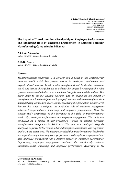 (PDF) The Impact of Transformational Leadership on Employee Performance: The Mediating Role of ...
