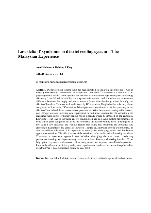 (PDF) Low delta-T syndrome in district cooling system -The Malaysian ...