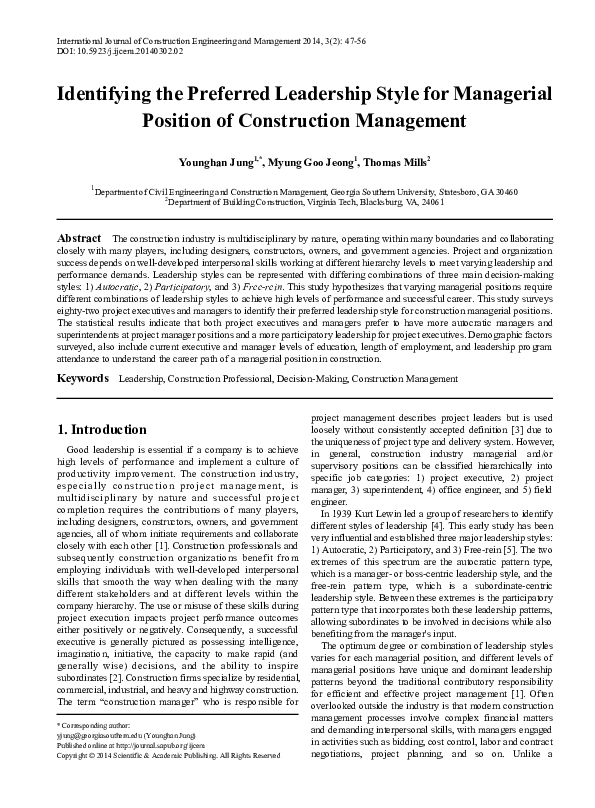 (PDF) Identifying the Preferred Leadership Style for Managerial Position of Construction Management
