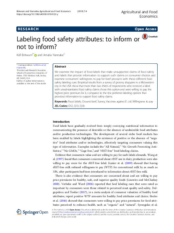 (PDF) Labeling food safety attributes: to inform or not to inform?