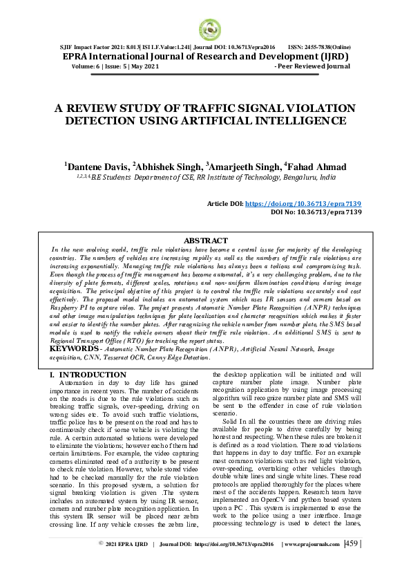(PDF) A Review Study of Traffic Signal Violation Detection Using Artificial Intelligence