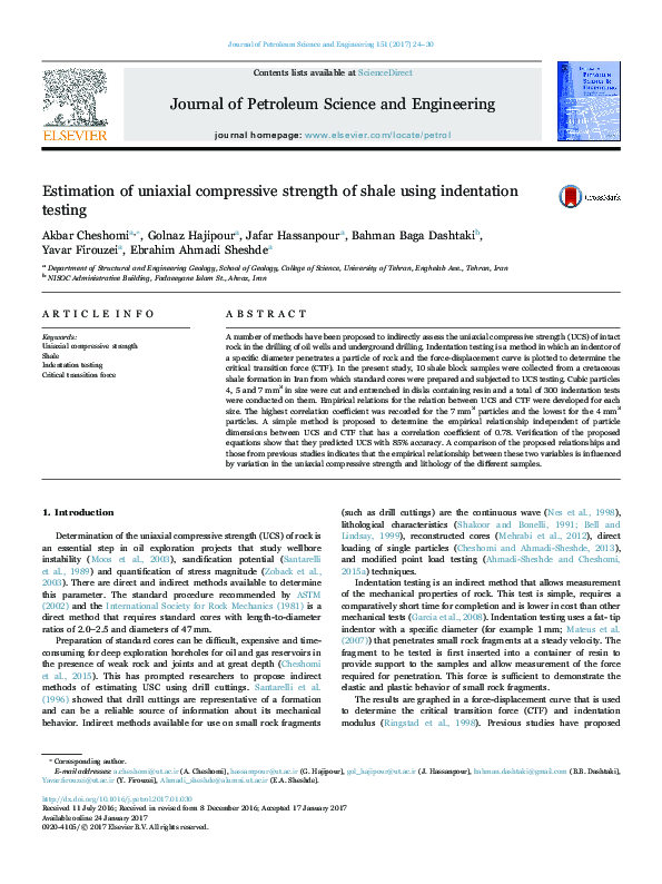 (PDF) Estimation of uniaxial compressive strength of shale using ...