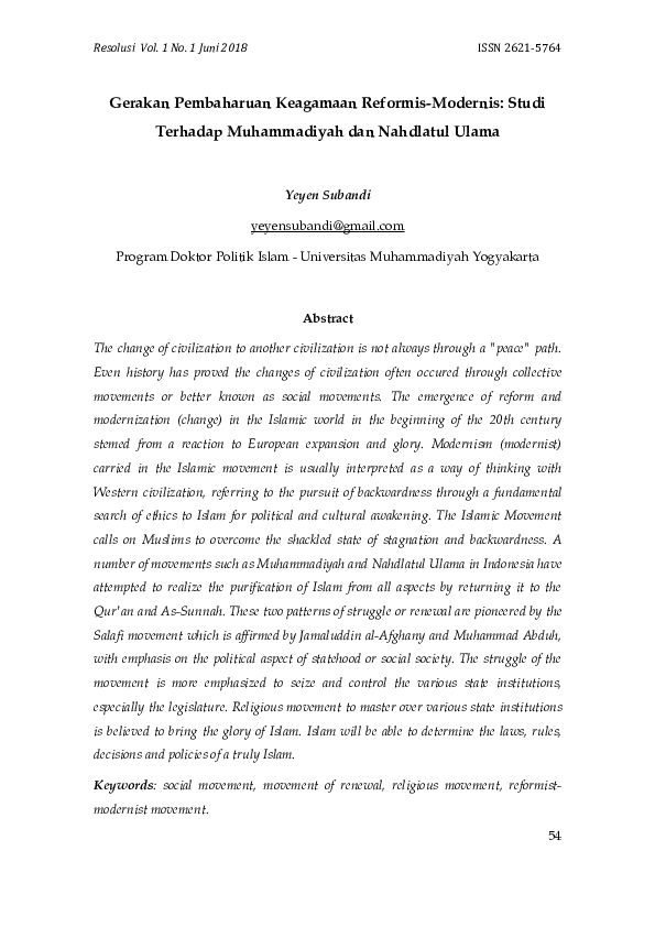 (PDF) Gerakan Pembaharuan Keagamaan Reformis-Modernis | Yeyen Subandi - Academia.edu
