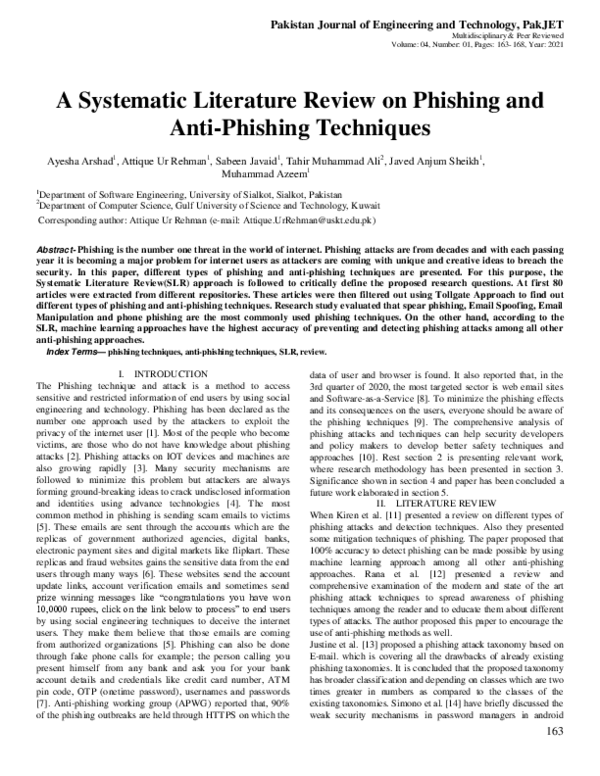 (PDF) A Systematic Literature Review on Phishing and Anti-Phishing Techniques