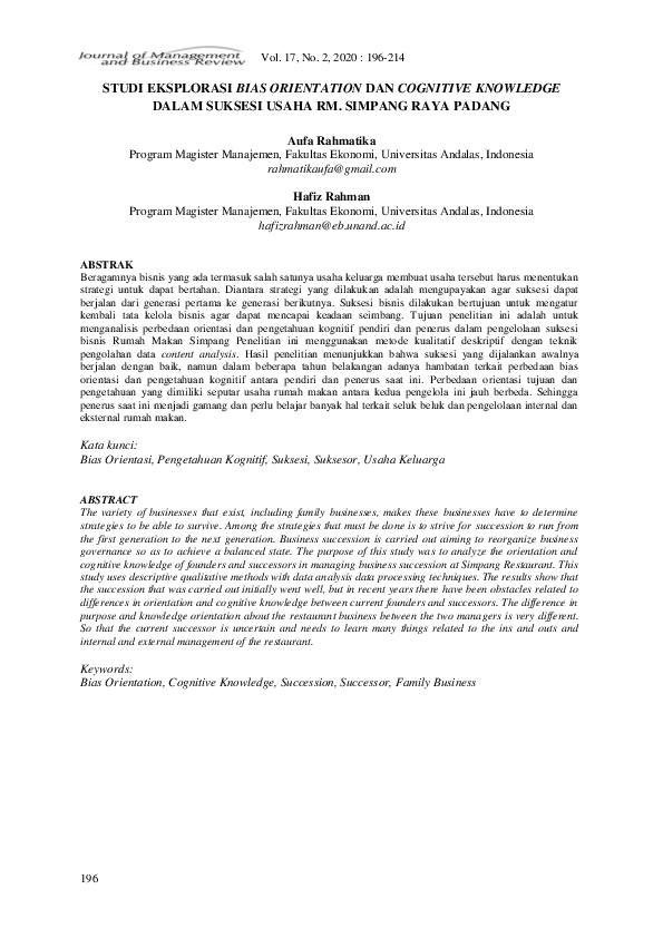 (PDF) Studi Eksplorasi Bias Orientation Dan Cognitive Knowledge Dalam Suksesi Usaha Rm. Simpang ...