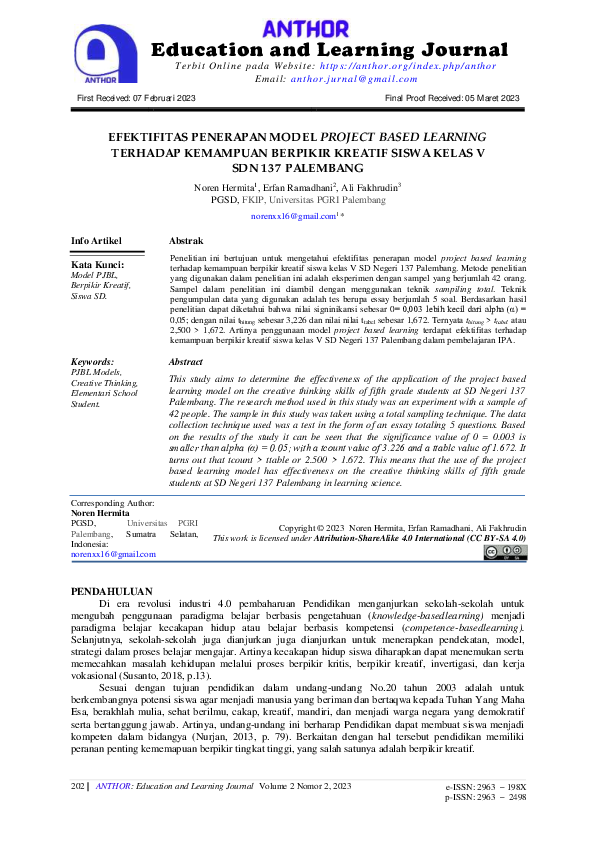 (PDF) Efektifitas Penerapan Model Project Based Learning Terhadap Kemampuan Berpikir Kreatif ...