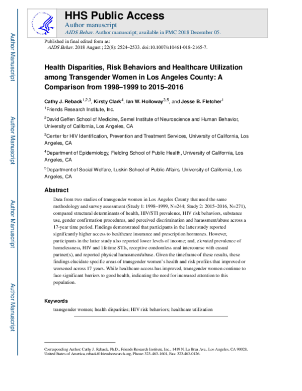 (PDF) Health Disparities, Risk Behaviors and Healthcare Utilization ...