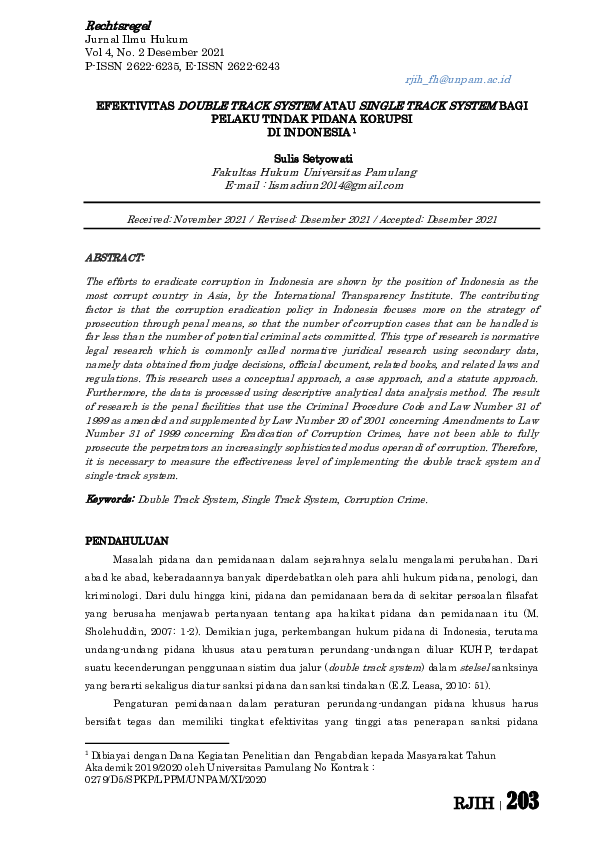 (PDF) Efektivitas Double Track System atau Single Track System Bagi Pelaku Tindak Pidana Korupsi ...