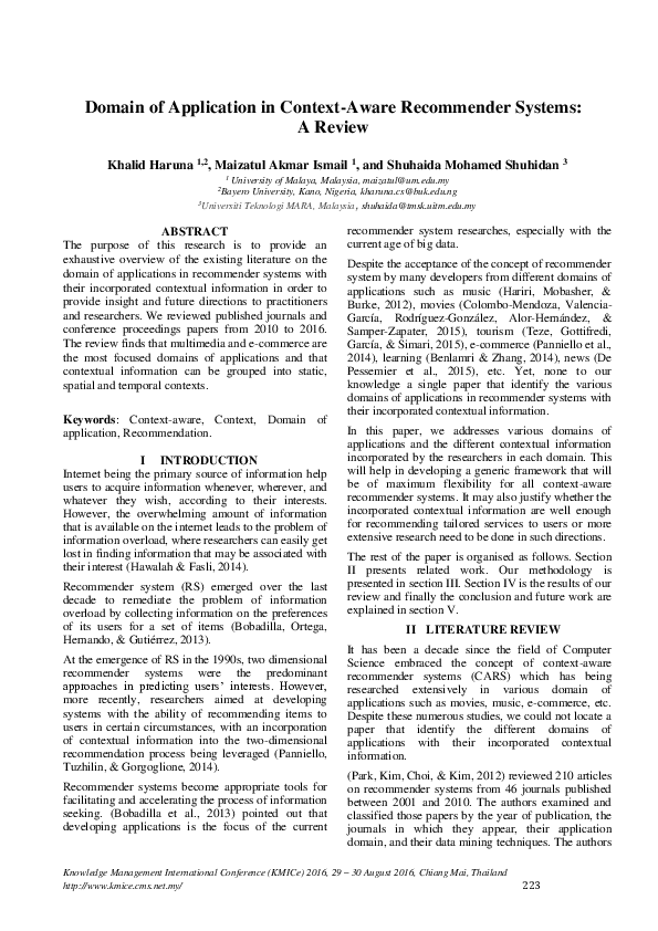 (PDF) Domain of application in context-aware recommender systems: a review