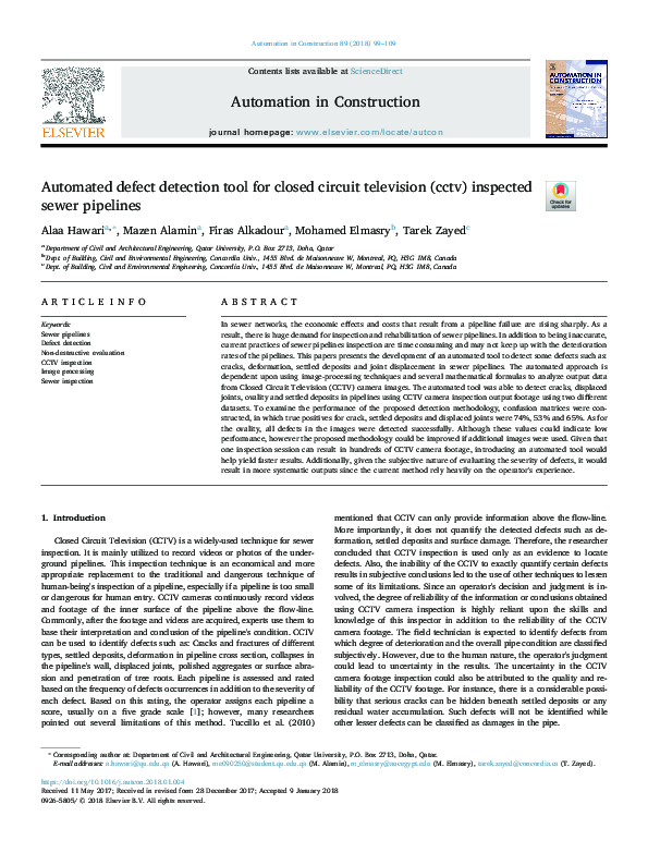(PDF) Automated defect detection tool for closed circuit television (cctv) inspected sewer pipelines