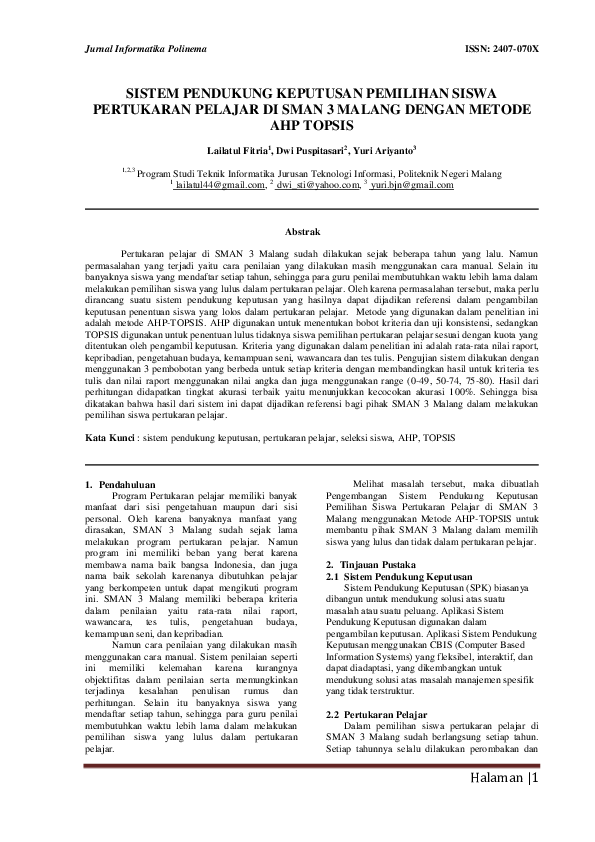 (PDF) Sistem Pendukung Keputusan Pemilihan Siswa Pertukaran Pelajar DI Sman 3 Malang Dengan ...