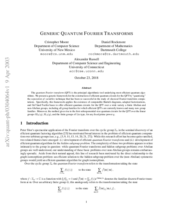 (PDF) Generic quantum Fourier transforms