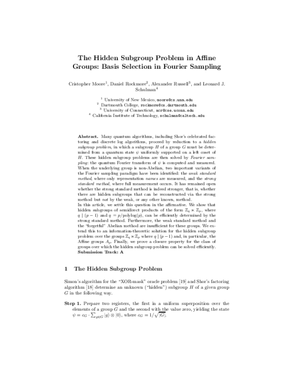 (PDF) The hidden subgroup problem in affine groups: Basis selection in Fourier sampling
