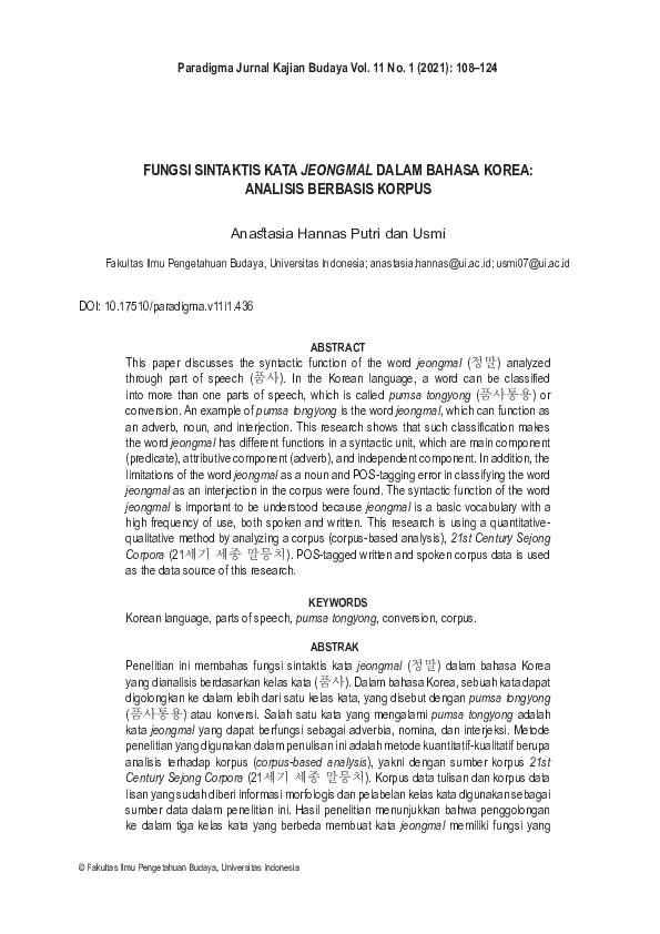 (PDF) Fungsi Sintaktis Kata Jeongmal Dalam Bahasa Korea: Analisis ...
