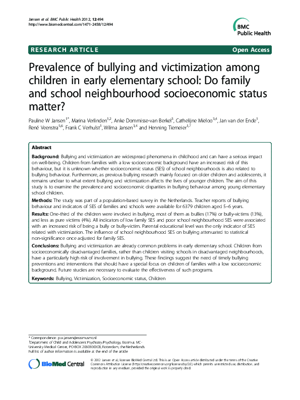(PDF) Prevalence of Bullying and Victimization among Sixth Graders with ...