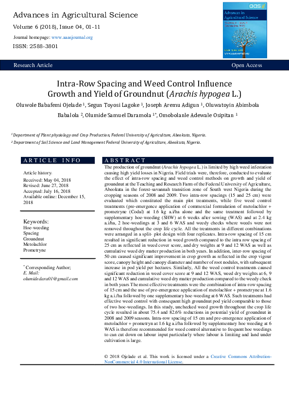 (PDF) Intra-Row Spacing and Weed Control Influence Growth and Yield of Groundnut (Arachis ...