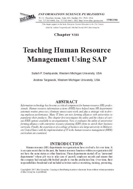 (PDF) Teaching Human Resources Management Using SAP
