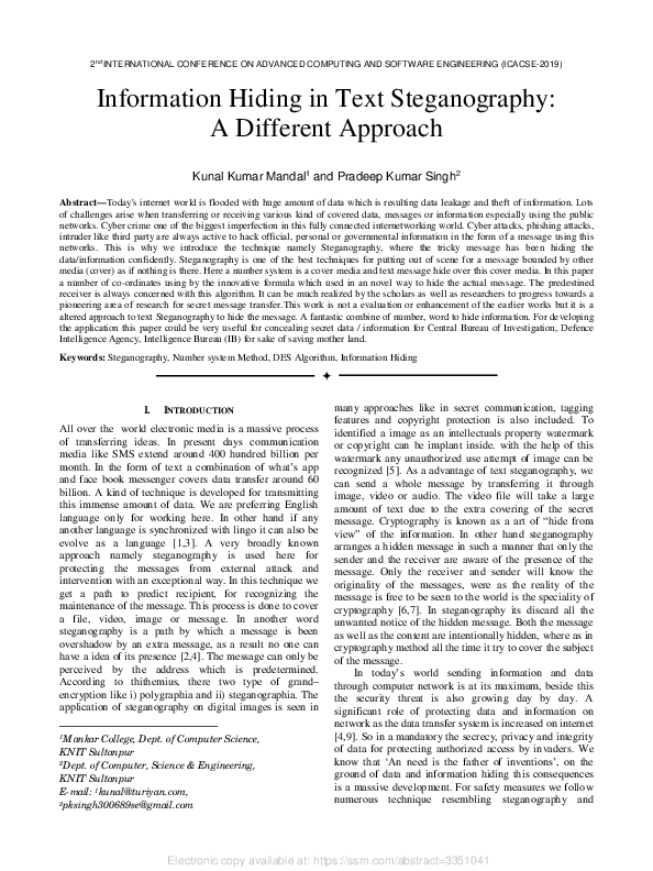 (PDF) Information Hiding in Text Steganography: A Different Approach