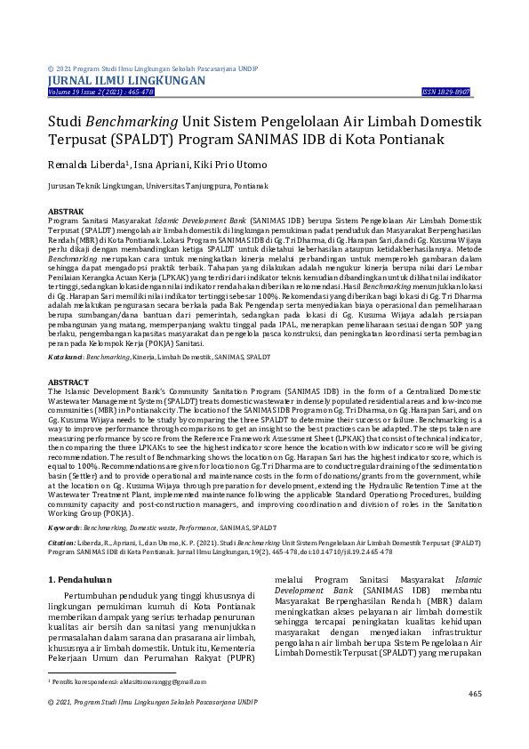 (PDF) Studi Benchmarking Unit Sistem Pengelolaan Air Limbah Domestik Terpusat (SPALDT) Program ...