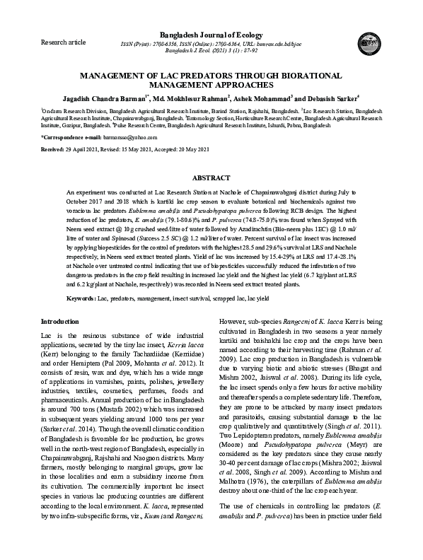 (PDF) MANAGEMENT OF LAC PREDATORS THROUGH BIORATIONAL MANAGEMENT ...