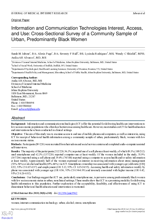 (PDF) Information and Communication Technologies Interest, Access, and Use: Cross-Sectional ...