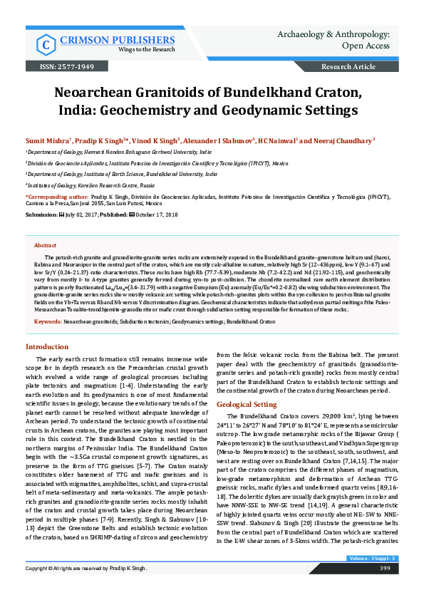 (PDF) Neoarchean Granitoids of Bundelkhand Craton,India: Geochemistry and Geodynamic Settings
