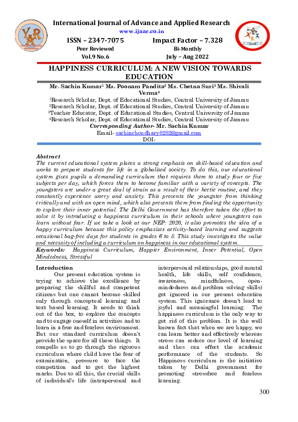 (PDF) Happiness Curriculum: A New Vision Towards Education