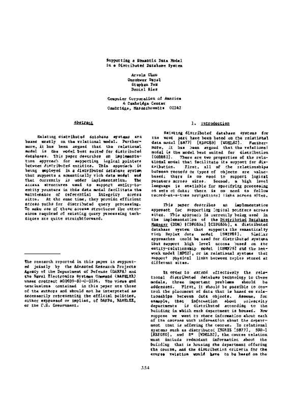 (PDF) Supporting a semantic data model in a distributed database system | Arvola Chan - Academia.edu