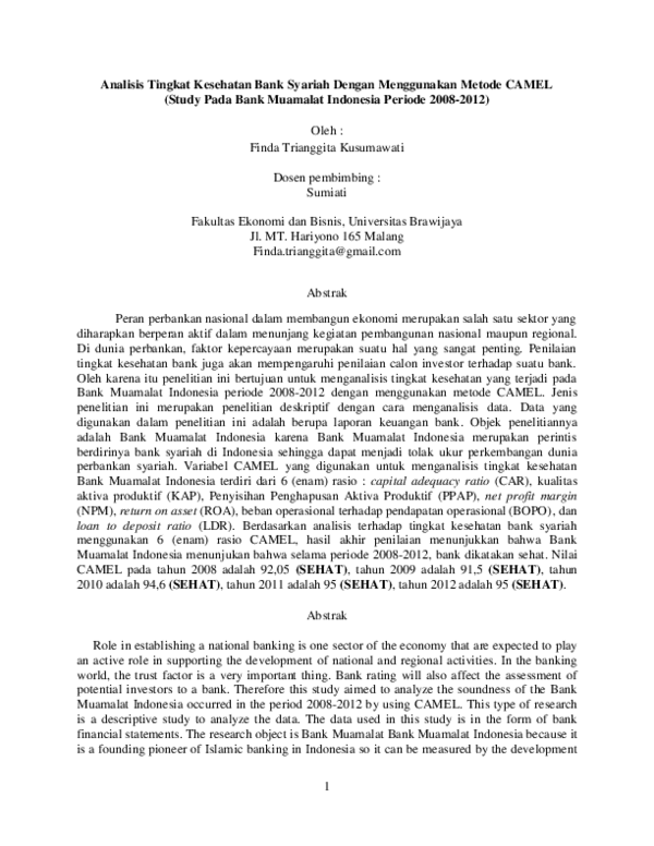 (PDF) Analisis Tingkat Kesehatan Bank Syariah Dengan Menggunakan Metode CAMEL (Study Pada Bank ...