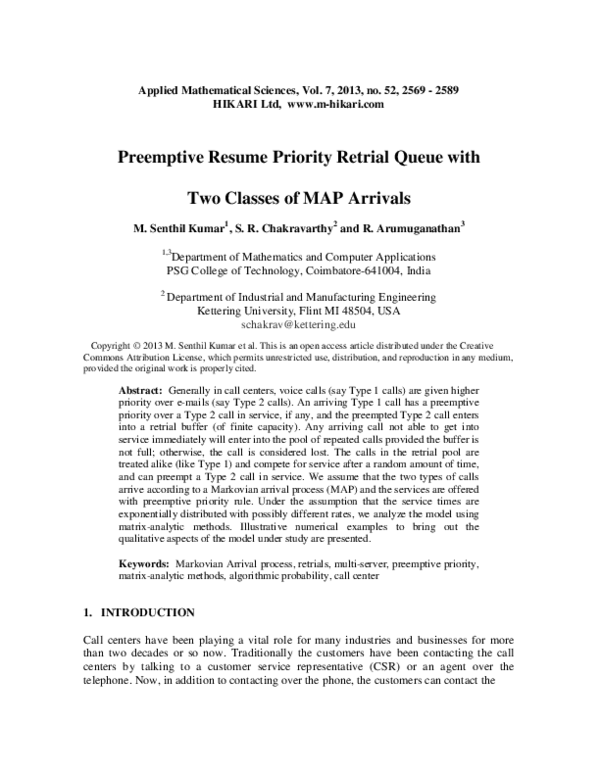 (PDF) Preemptive resume priority retrial queue with two classes of MAP arrivals