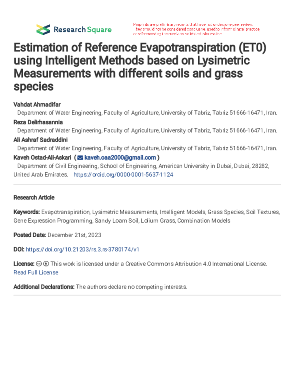 (PDF) Estimation of Reference Evapotranspiration (ET0) using Intelligent Methods based on ...