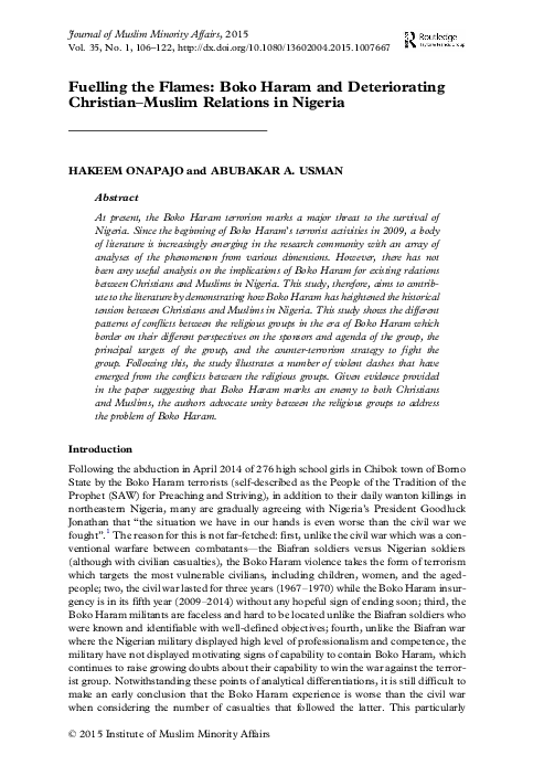(PDF) Fuelling the Flames: Boko Haram and Deteriorating Christian–Muslim Relations in Nigeria